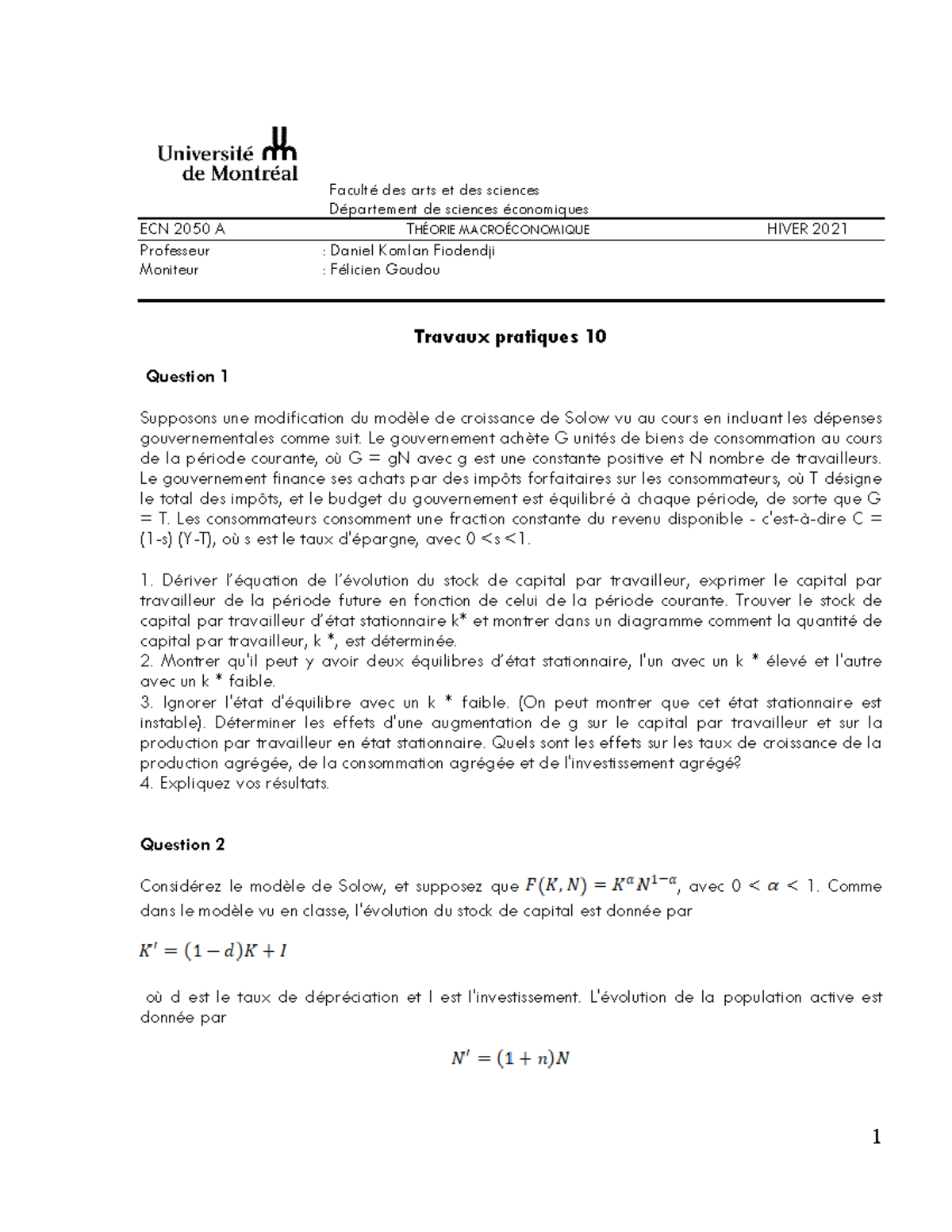 TP10 ECN2050 A H21 - Partie 3 : Croissance économique - Modèle de ...