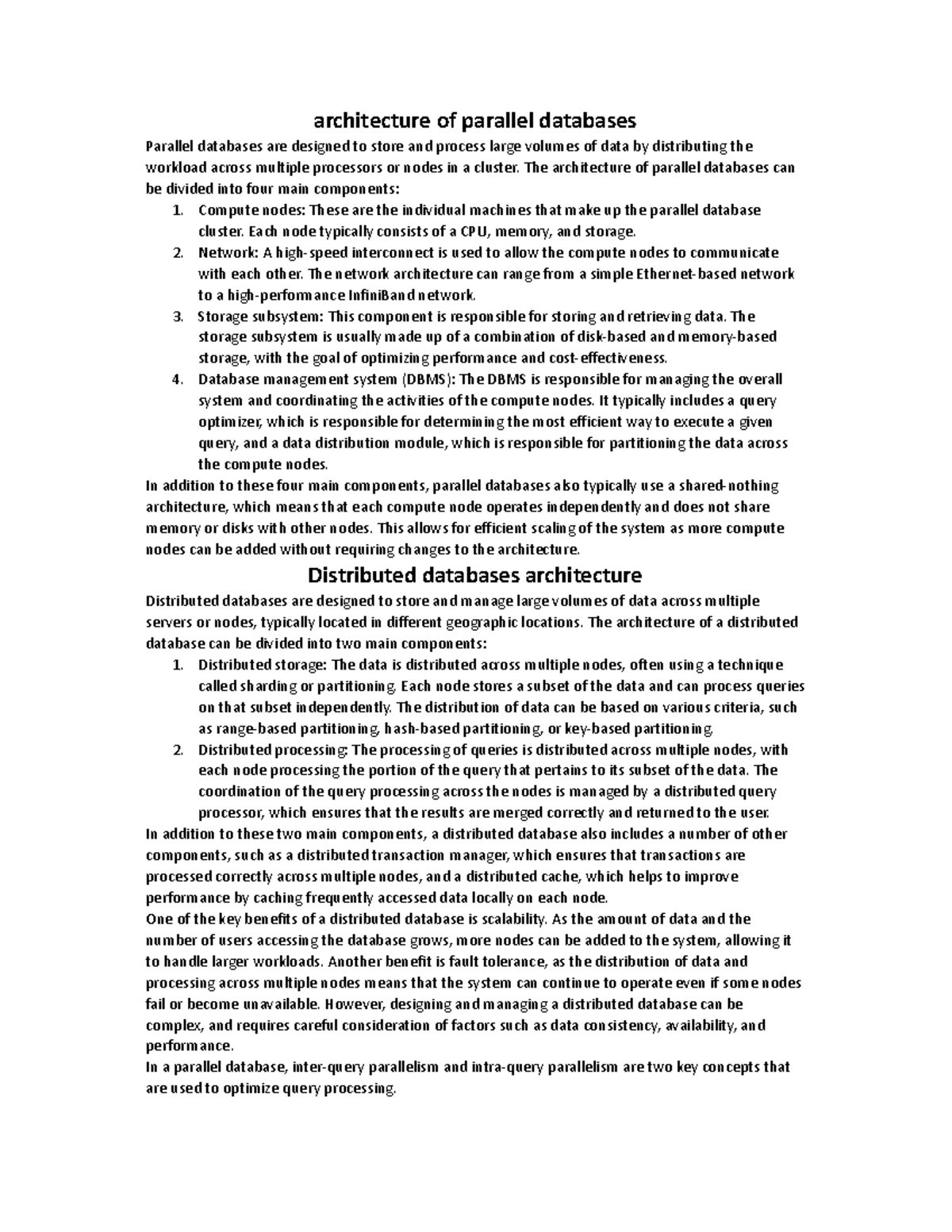 Adbms Notes Bachelor Of Computer Applications Architecture Of Parallel Databases Parallel
