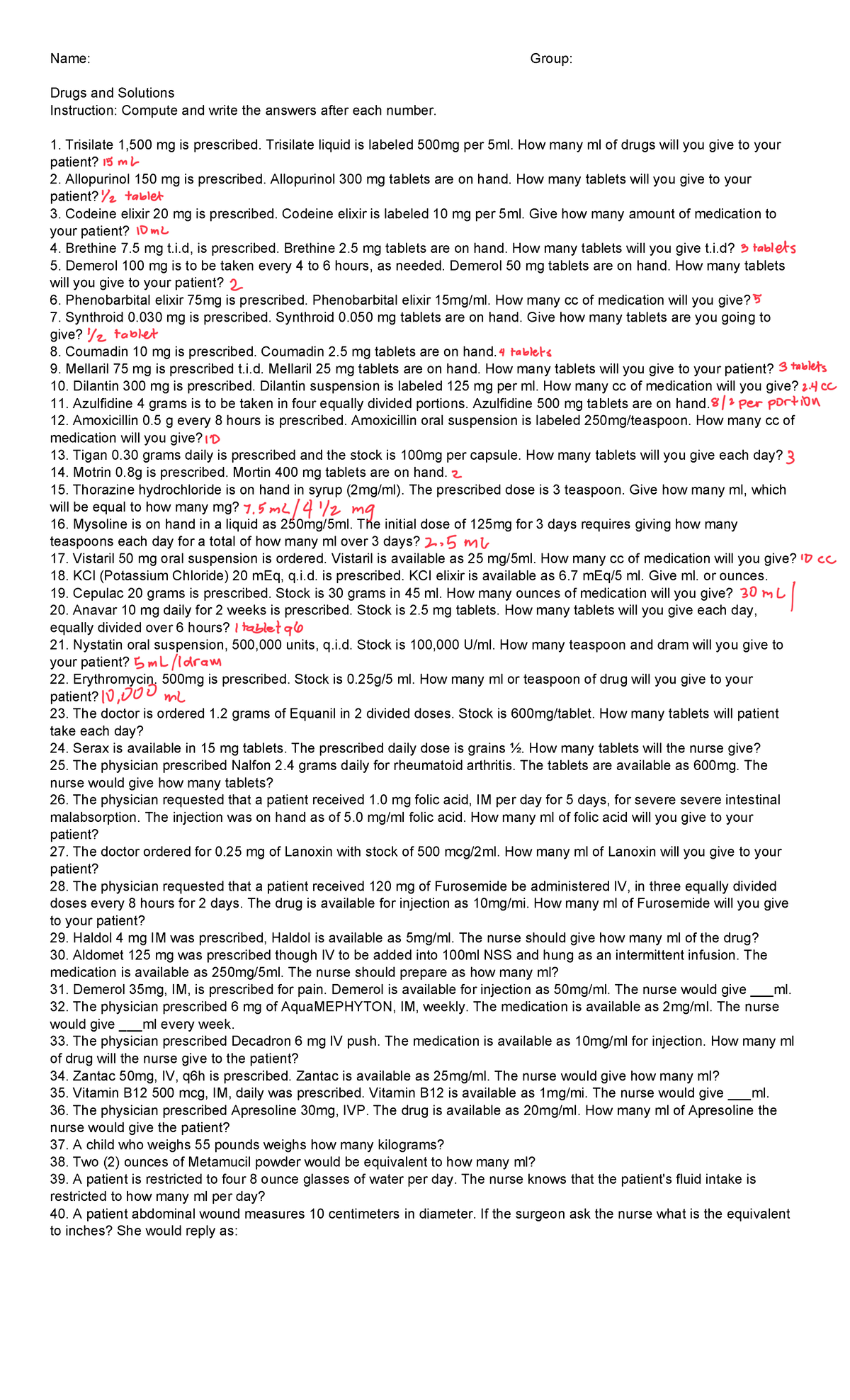 Drug computation assignment - Name: Group: Drugs and Solutions ...