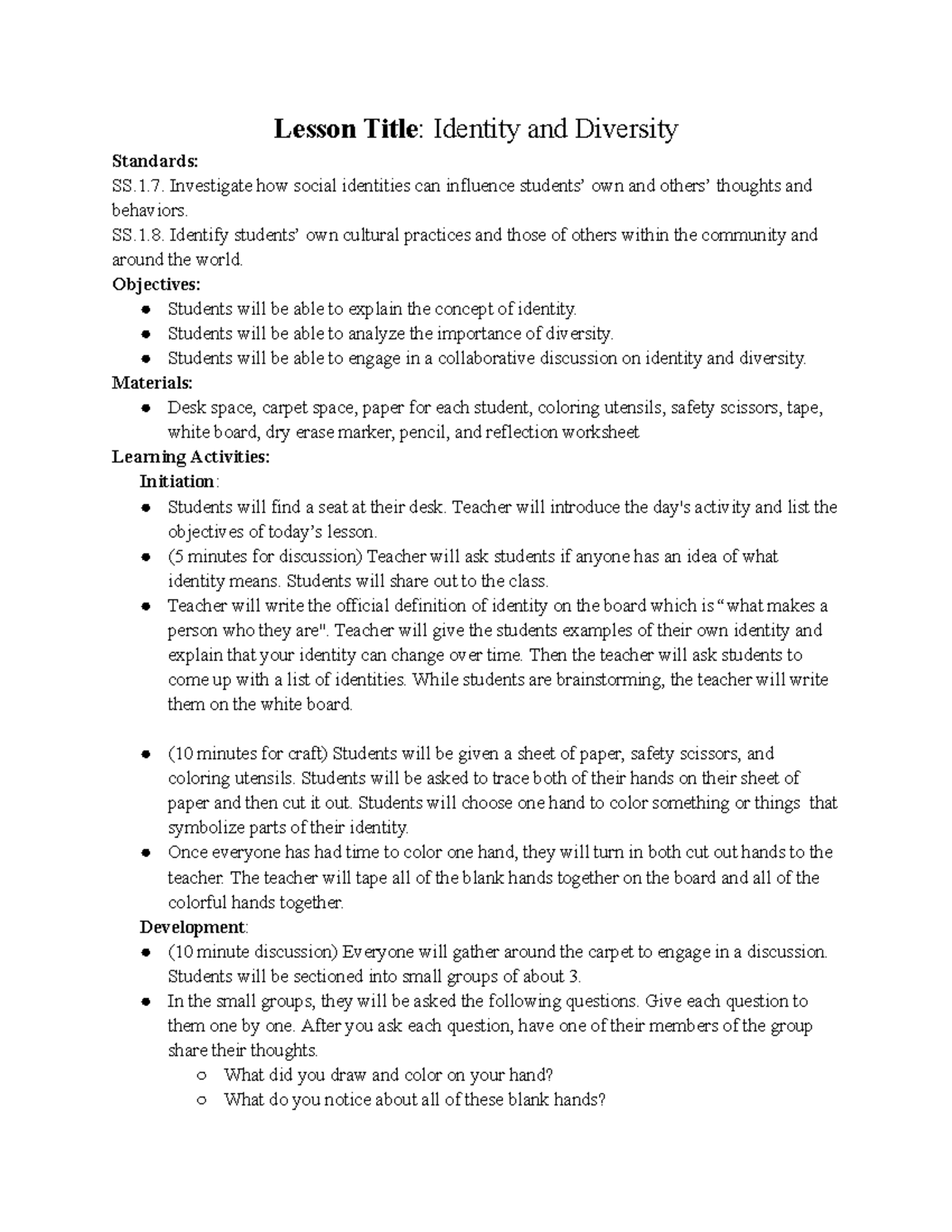 Identity and Diversity Lesson - Lesson Title: Identity and Diversity ...