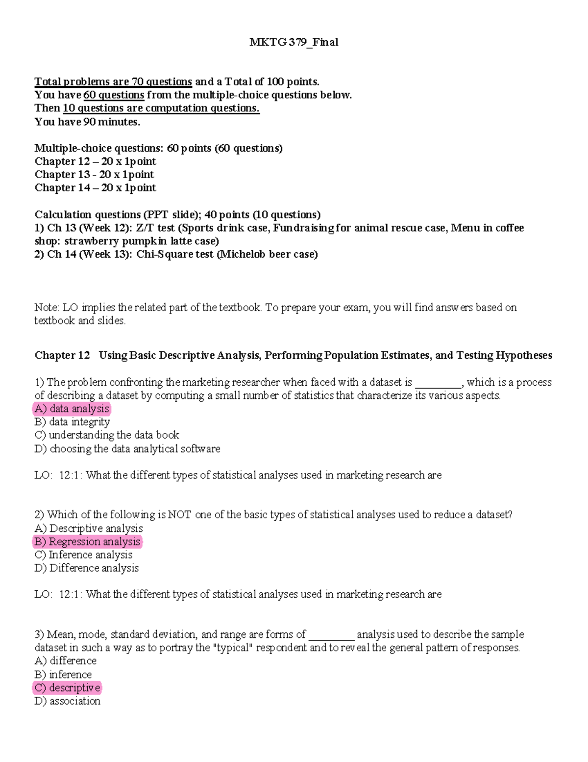 379 Final prep material students - MKTG 379_Final Total problems are 70 ...