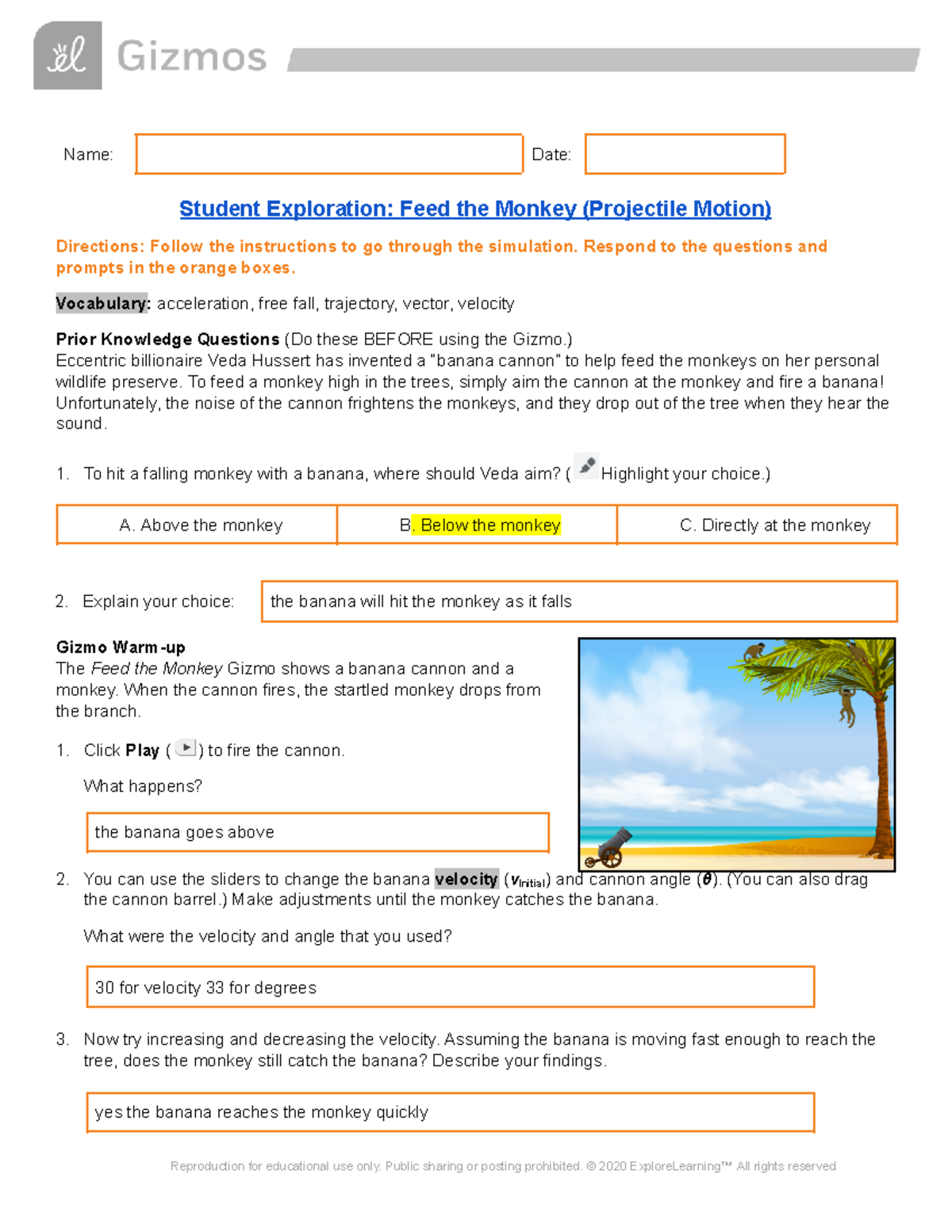 Feed the Monkey (Projectile Motion - Name: Date: Student Exploration ...
