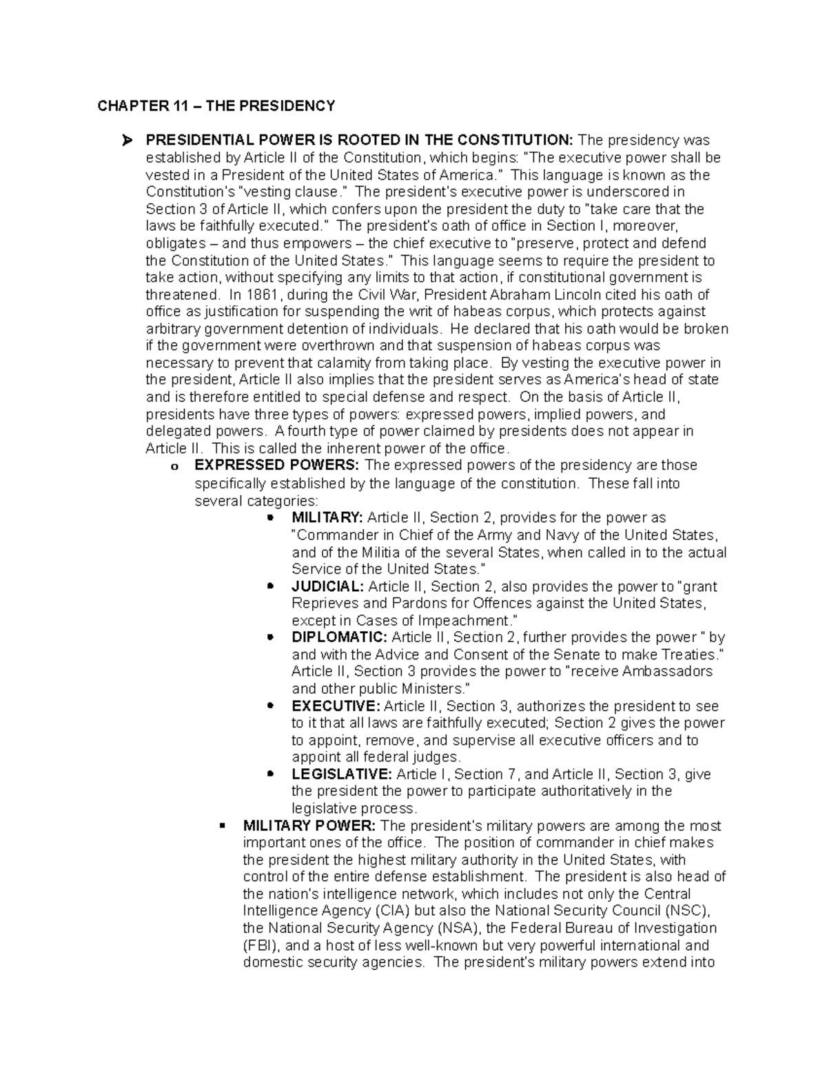 Chapter 11 Notes - CHAPTER 11 – THE PRESIDENCY PRESIDENTIAL POWER IS ...