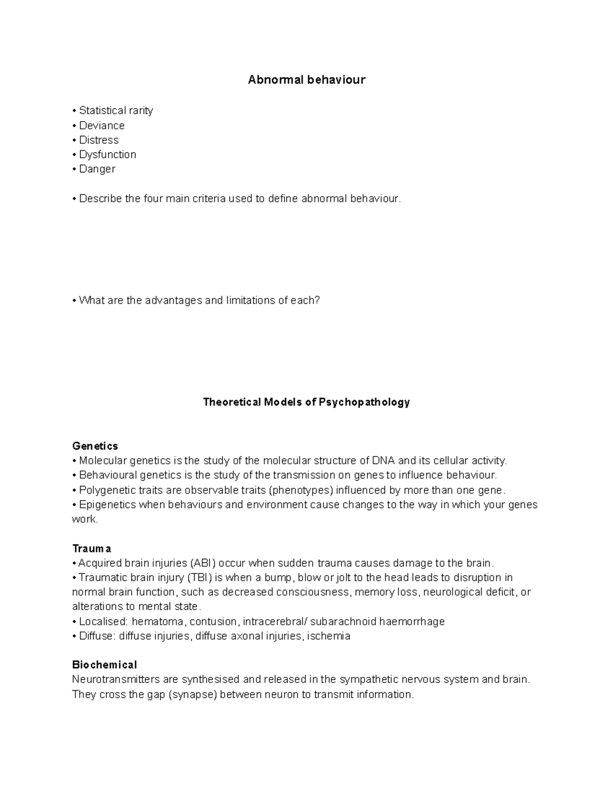 Week 1,2,3,4, 5 lecture notes (year 2021) - Abnormal behaviour ...