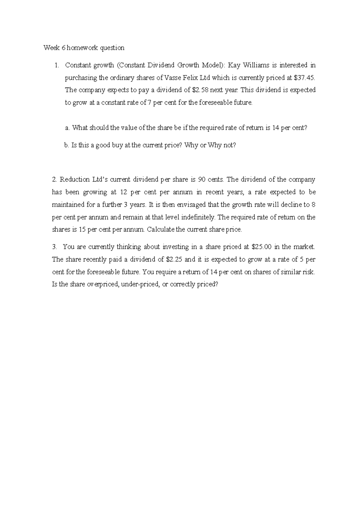 Week 6 homework question - Week 6 homework question Constant growth ...