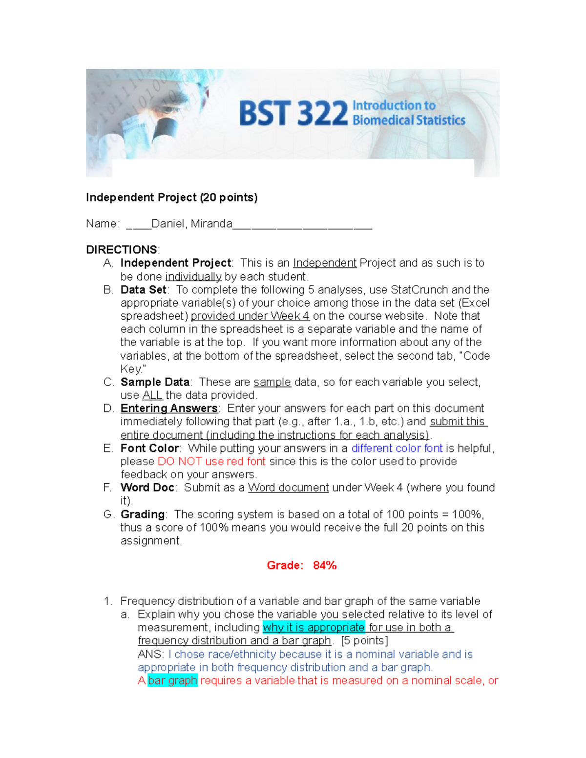 Independent Project graded - Independent Project (20 points) Name ...