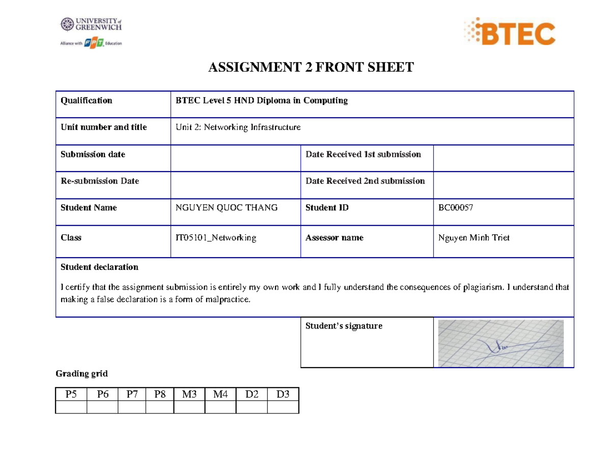 1 Unit 2 - Assignment 2 Nguyen Quoc Thang - ASSIGNMENT 2 FRONT SHEET Qualification BTEC Level 5 ...