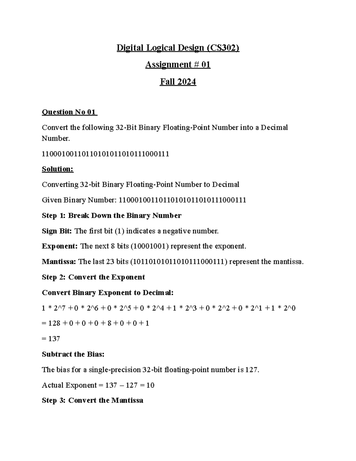 BC240440187 CS302 Assignment 1 - Digital Logical Design (CS302) Assignment # 01 Fall 2024 ...