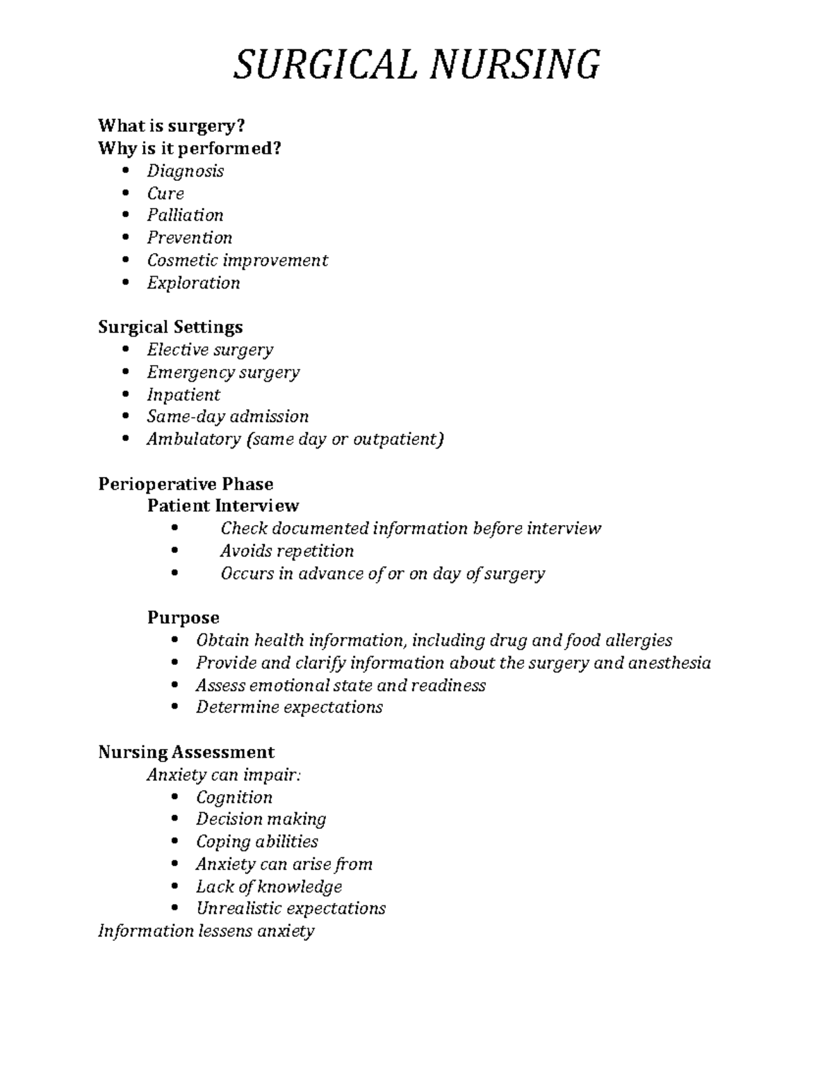 Surgical Student Outline AH - SURGICAL NURSING What is surgery? Why is ...