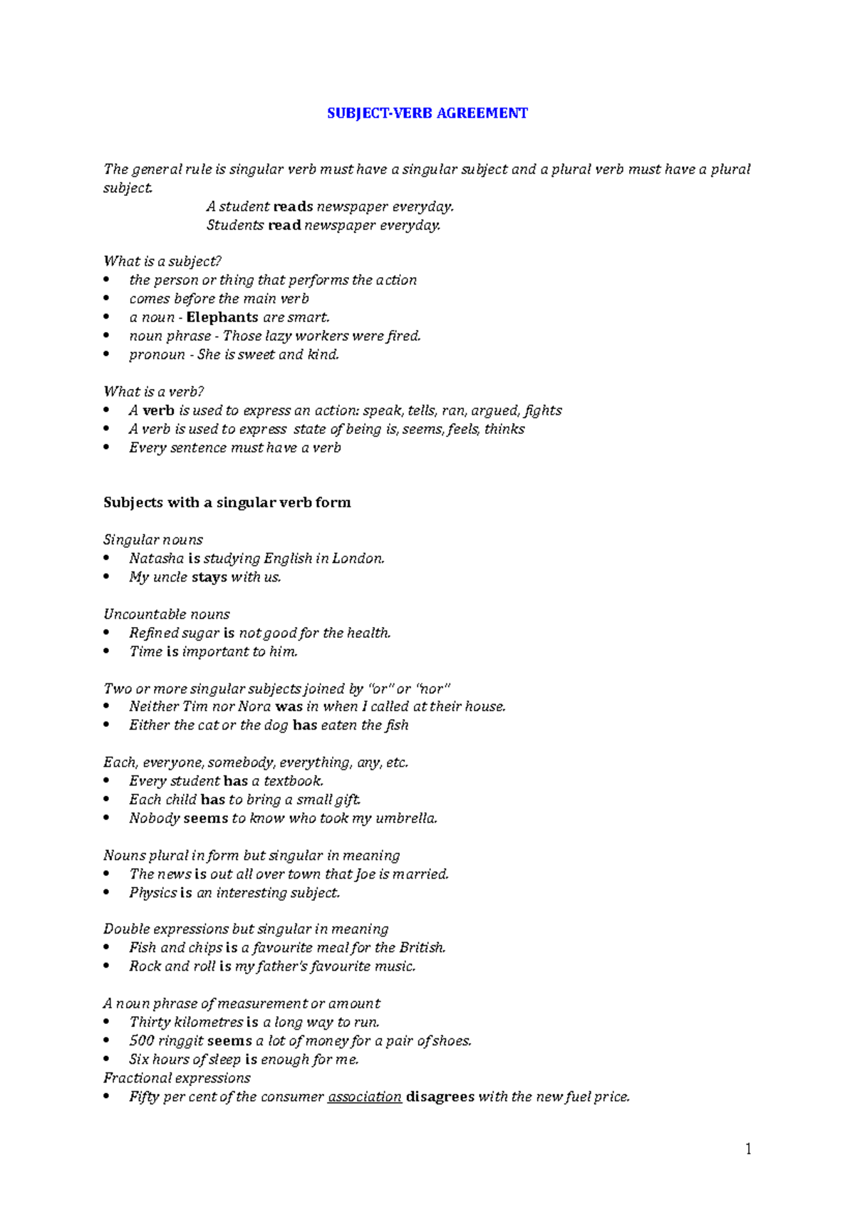 290839 Grammar Subject-Verb Agreement Notes - SUBJECT-VERB AGREEMENT ...