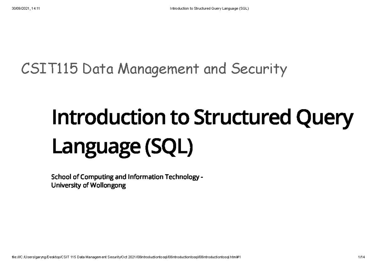 8 Introduction to Structured Query Language (SQL) - CSIT115 Data Management and Security - Studocu