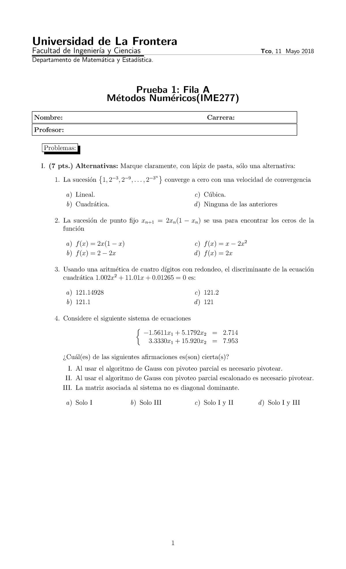 Prueba 1 1s 2018 - nnnn - Universidad de La Frontera Facultad de ...