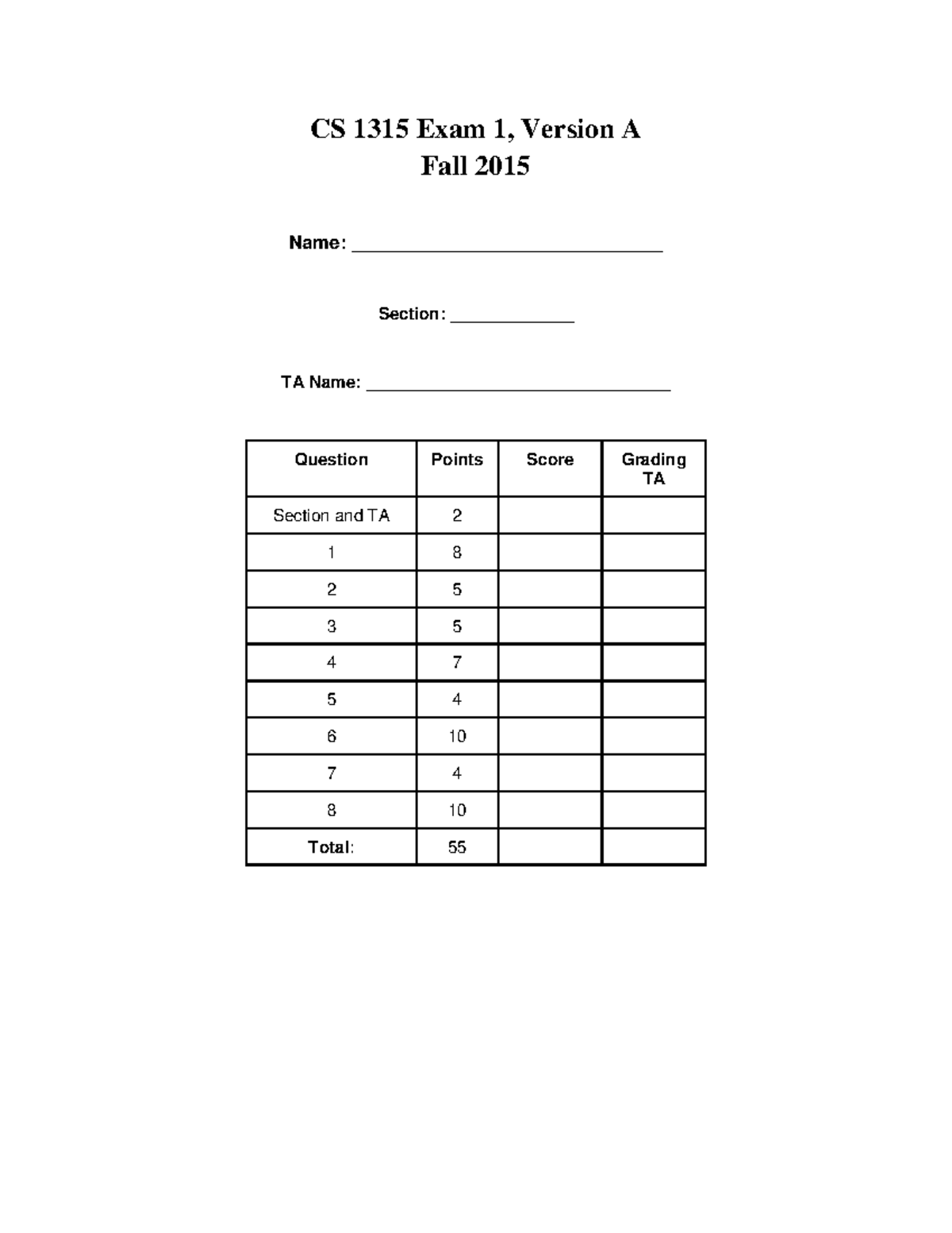 CS1315 Mc Daniel Exam1 Version A - CS 1315 Exam 1, Version A Fall 2015 ...