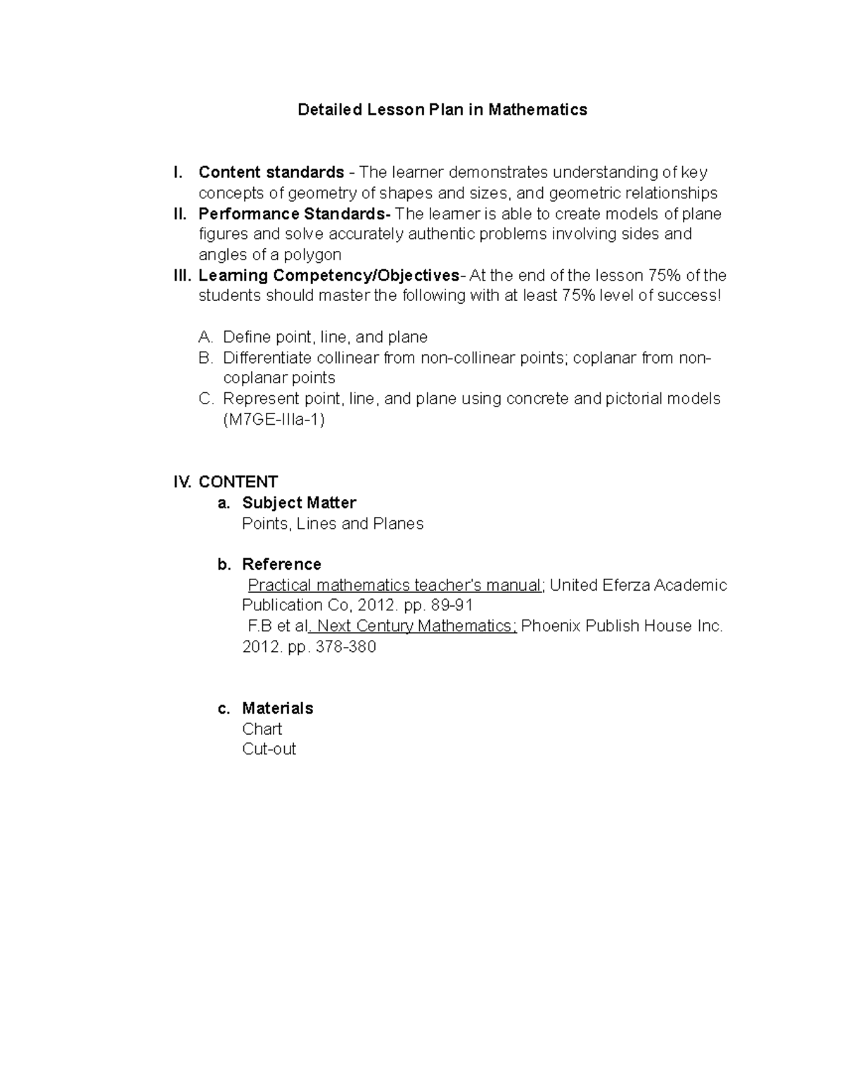 Detailed Lesson Plan in Mathematics - Content standards - The learner ...