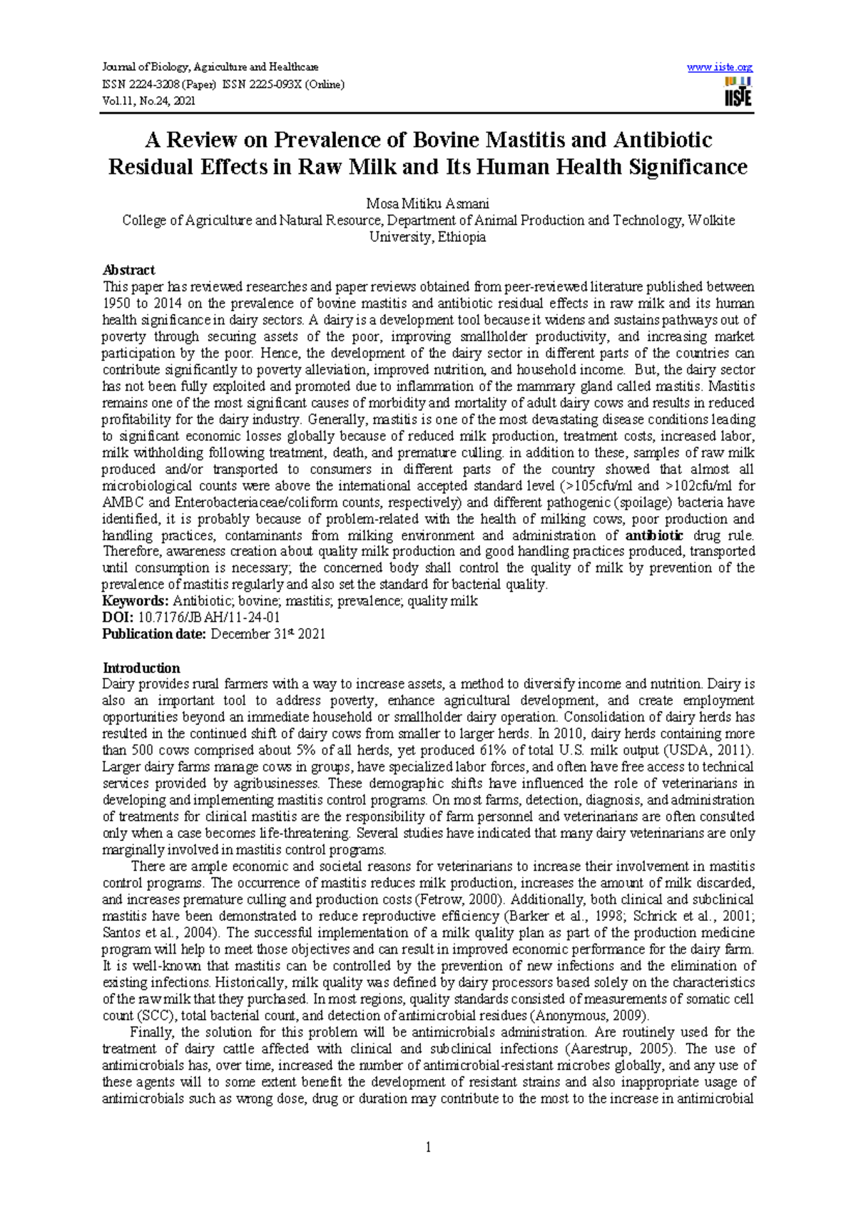 A Review on Prevalence of Bovine Mastitis and Antibiotic - ISSN 2224 ...
