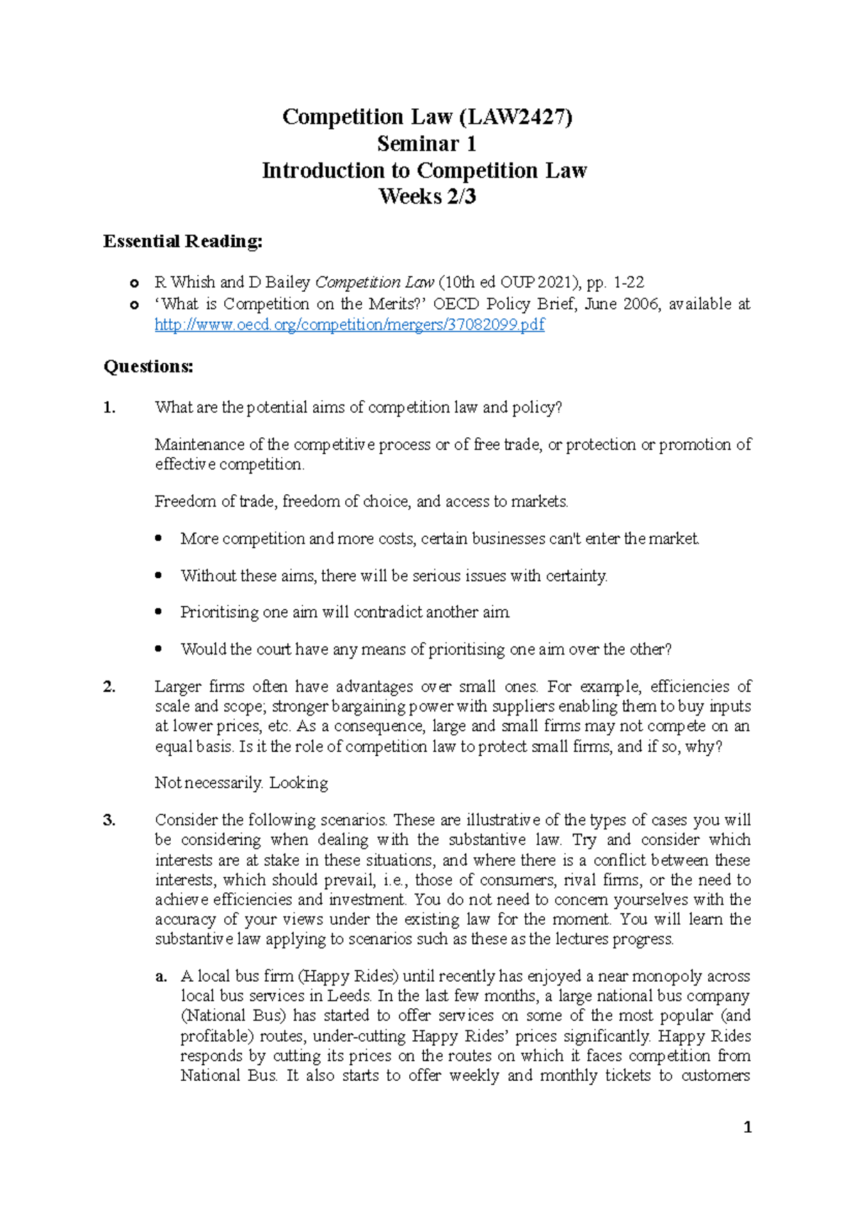 Seminars - Competition Law (LAW2427) Seminar 1 Introduction to Competition Law Weeks 2 ...