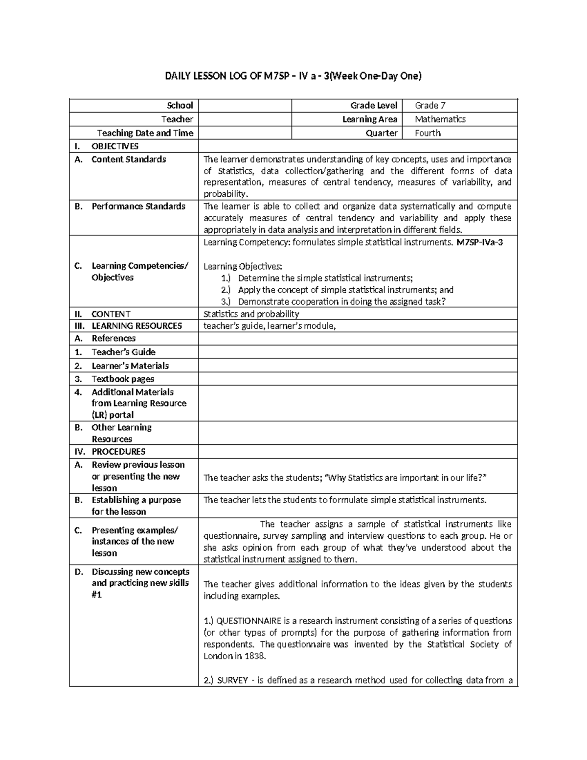IV-DAY 3 - lesson plan - DAILY LESSON LOG OF M7SP – IV a - 3(Week One ...