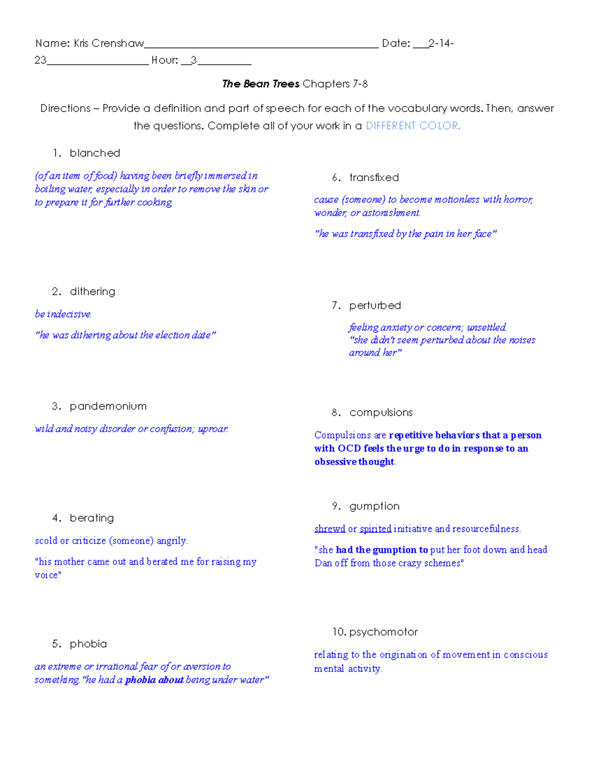 Copy of Bean Trees Chapters 7-8 finished - Name: Kris - Studocu