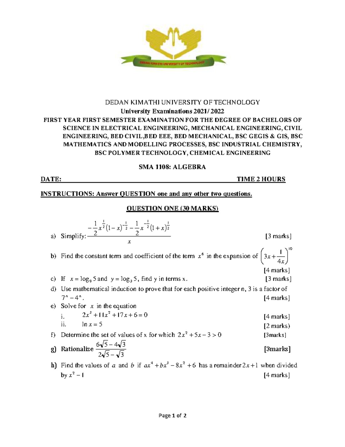 Sma 1108 algebra 2022 - Page 1 of 2 DEDAN KIMATHI UNIVERSITY OF TECHNOLOGY University ...