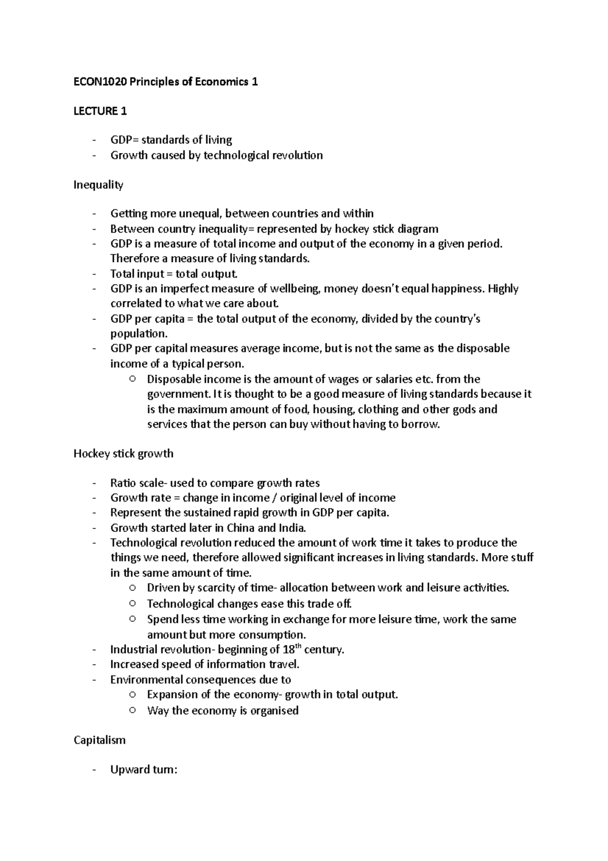 Lecture 1 - ECON1020 Principles of Economics 1 LECTURE 1 GDP= standards ...