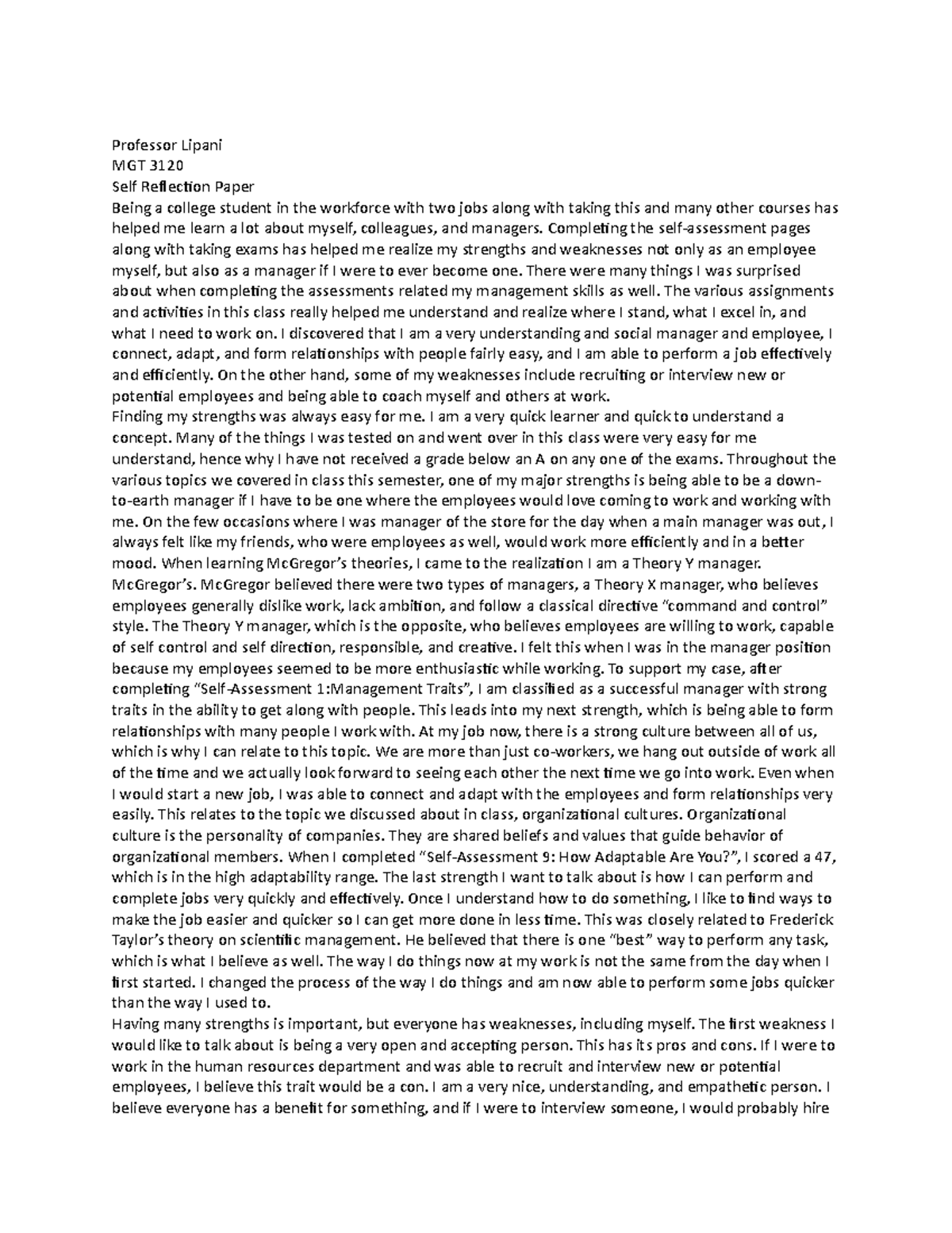 Mgt 3120 paper - Professor Lipani MGT 3120 Self Reflection Paper Being ...