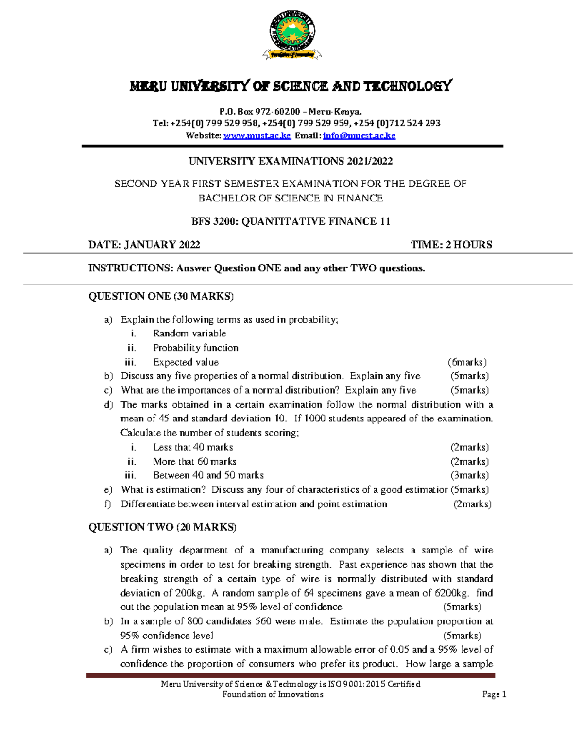 BFS 3200 Quantitative Finance II - Meru University of Science ...