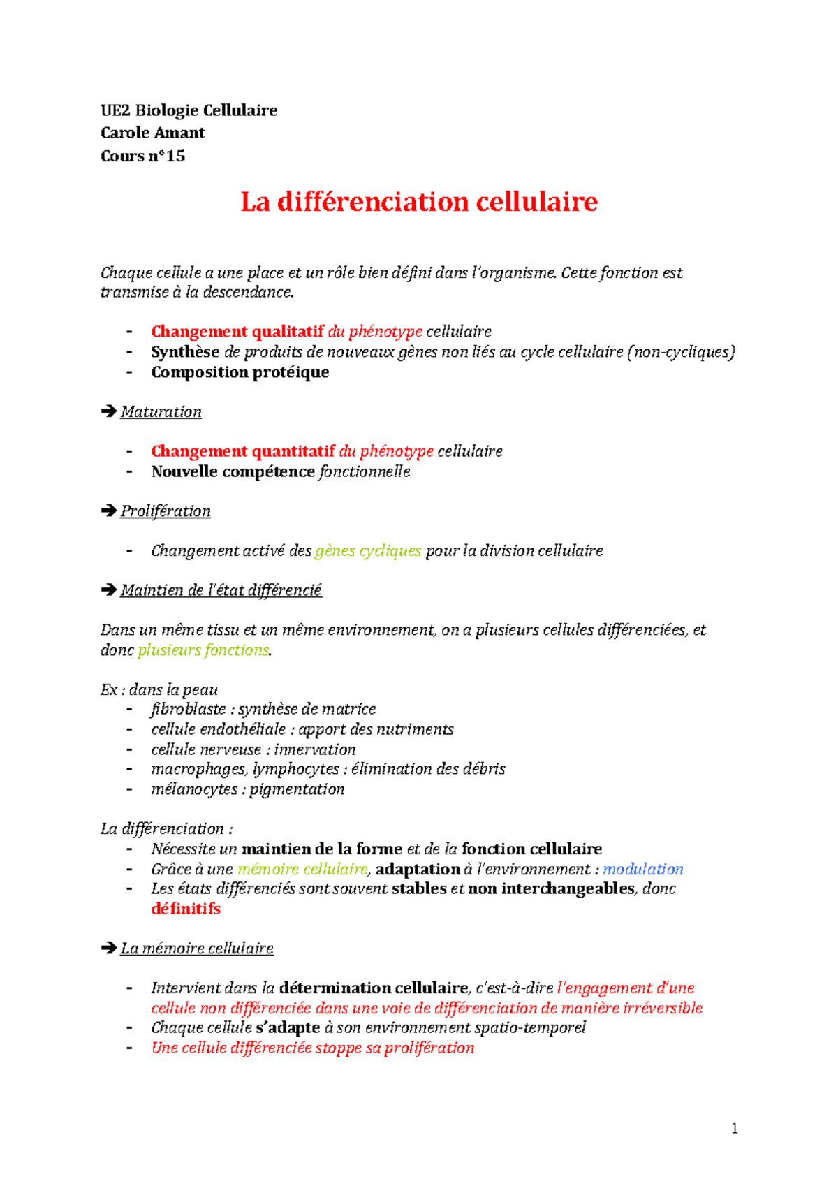 15. Différenciation cellulaire - UE2 Biologie Cellulaire Carole Amant ...