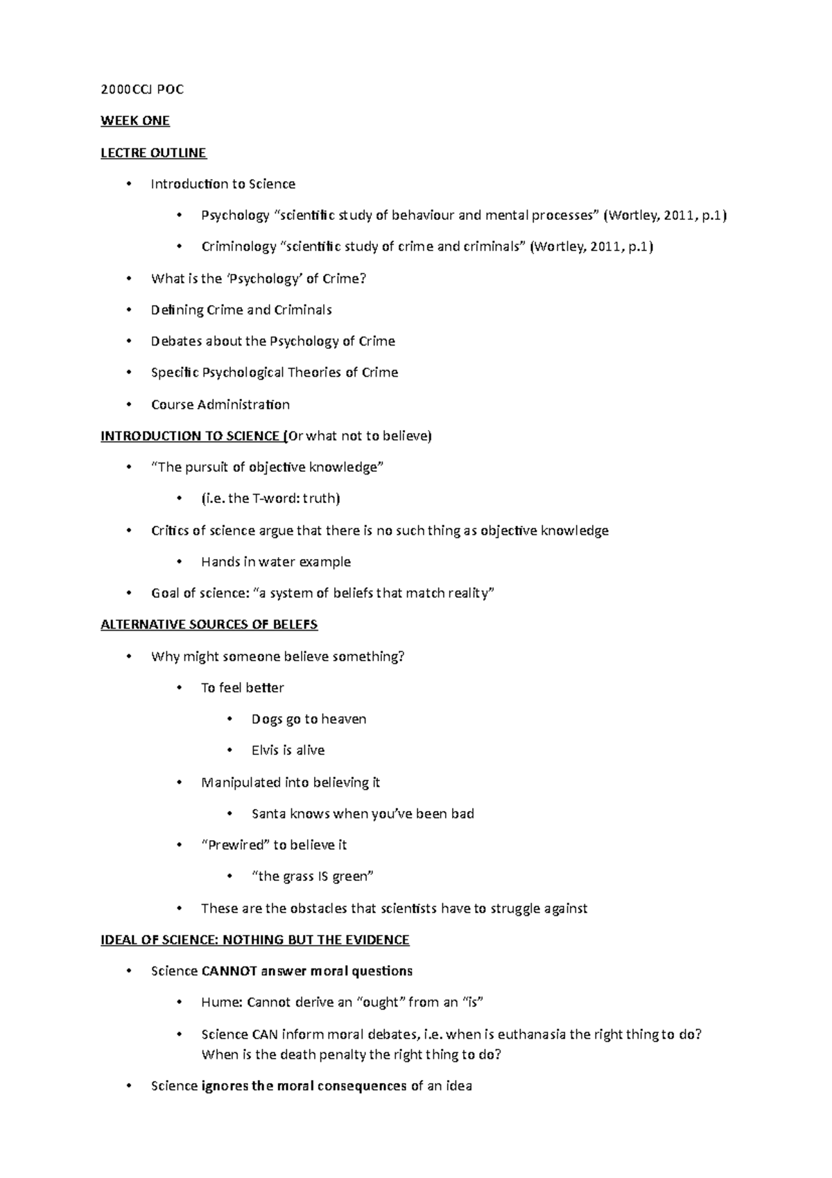 Notes - POC WEEK ONE LECTRE OUTLINE Introduction to Science Psychology ...