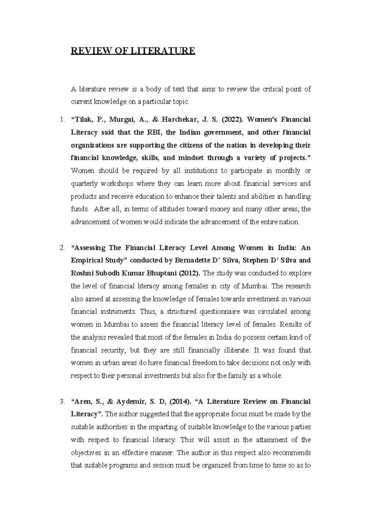 Review OF Literature - Summary Final Year Project - REVIEW OF ...