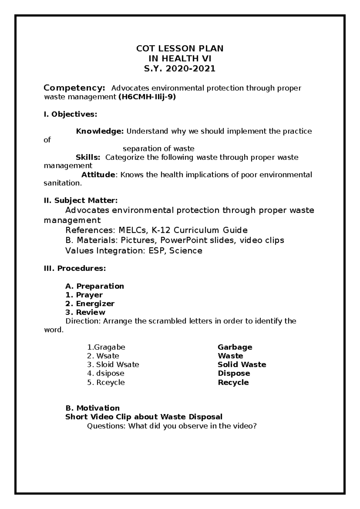 COT Lesson PLAN Health - COT LESSON PLAN IN HEALTH VI S. 2020 ...