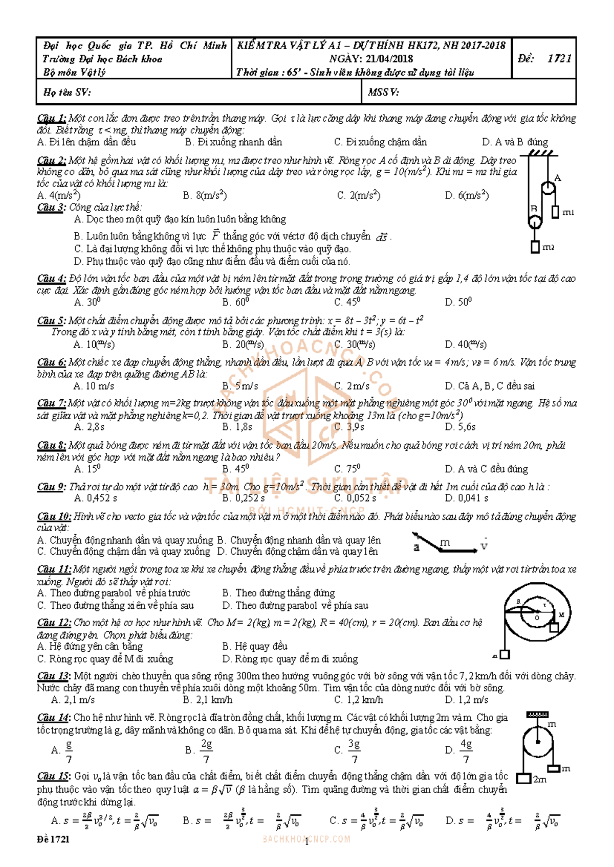 De thi giua ky hoc ky du thinh HK172 De 1721 KDA - Đề 1721 1 Ñaïi hoïc Quoác gia TP. Hoà Chí ...