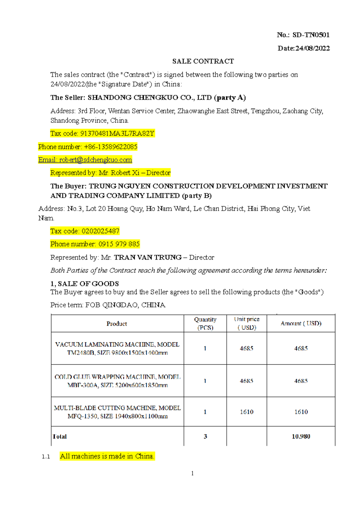 SALE- Contract- Shandong- Chengkuo-Trung-Nguyen - 1 No.: SD-TN Date:24 ...