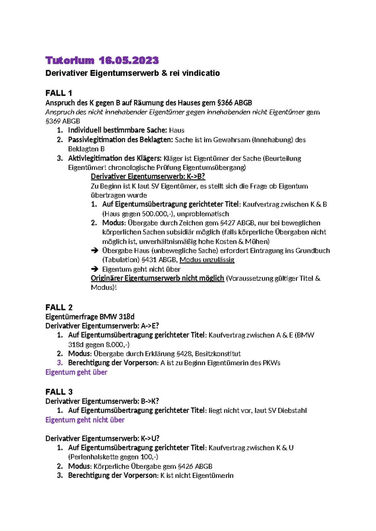 Tutorium Derivativer Eigentumserwerb - Tutorium 16. Derivativer Eigentumserwerb & rei vindicatio ...
