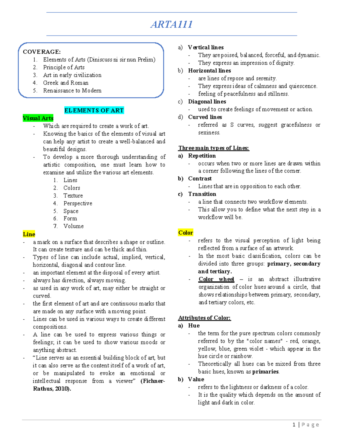 ️ARTA111 - ARTA - COVERAGE: Elements of Arts (Diniscuss ni sir nun ...