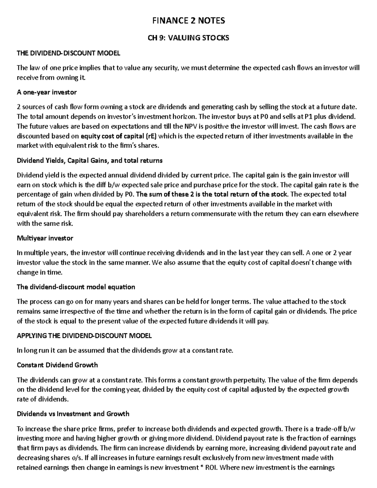 Finance 2 chapter wise notes with book chapters and summary of the ...