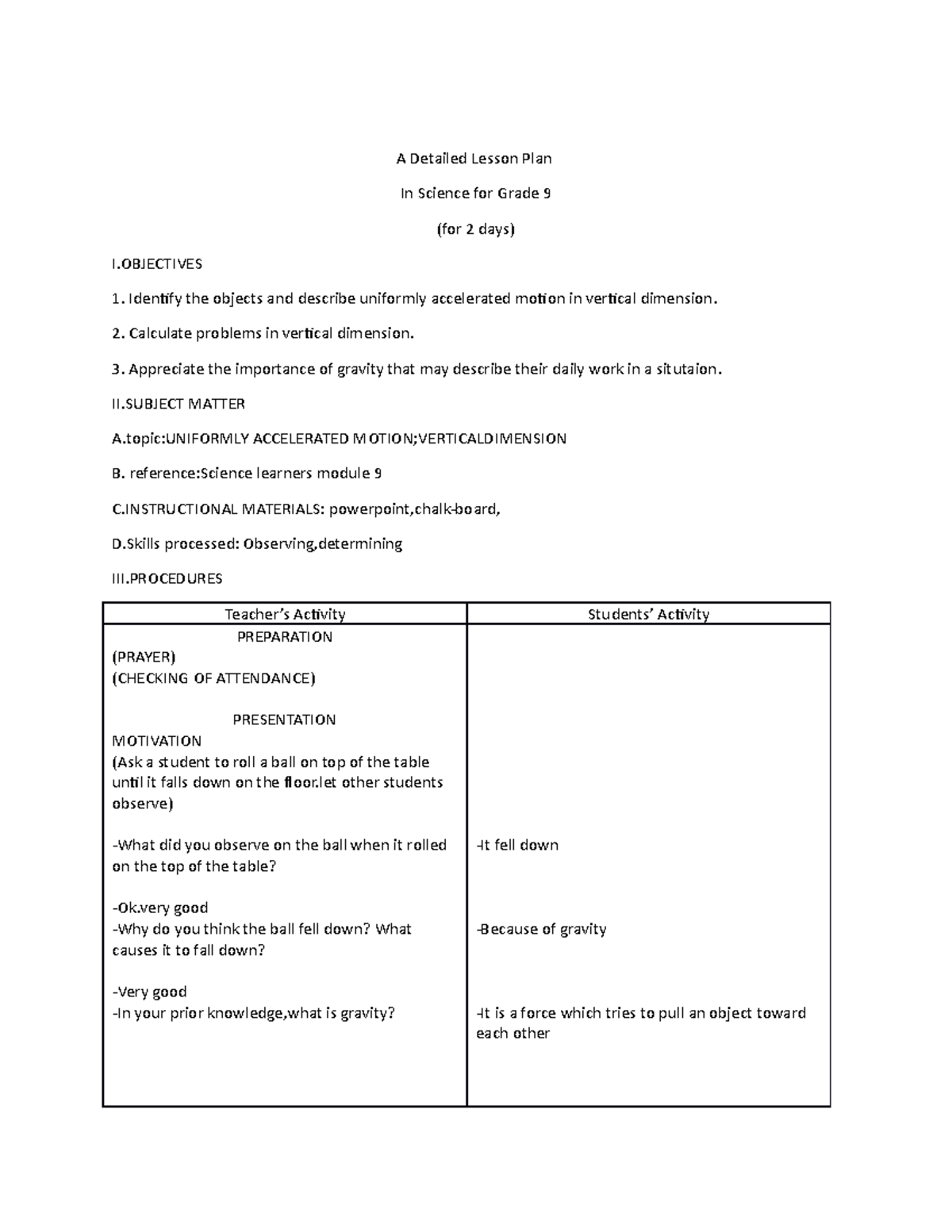 Uniformly-vertical,LP - A Detailed Lesson Plan In Science for Grade 9 ...
