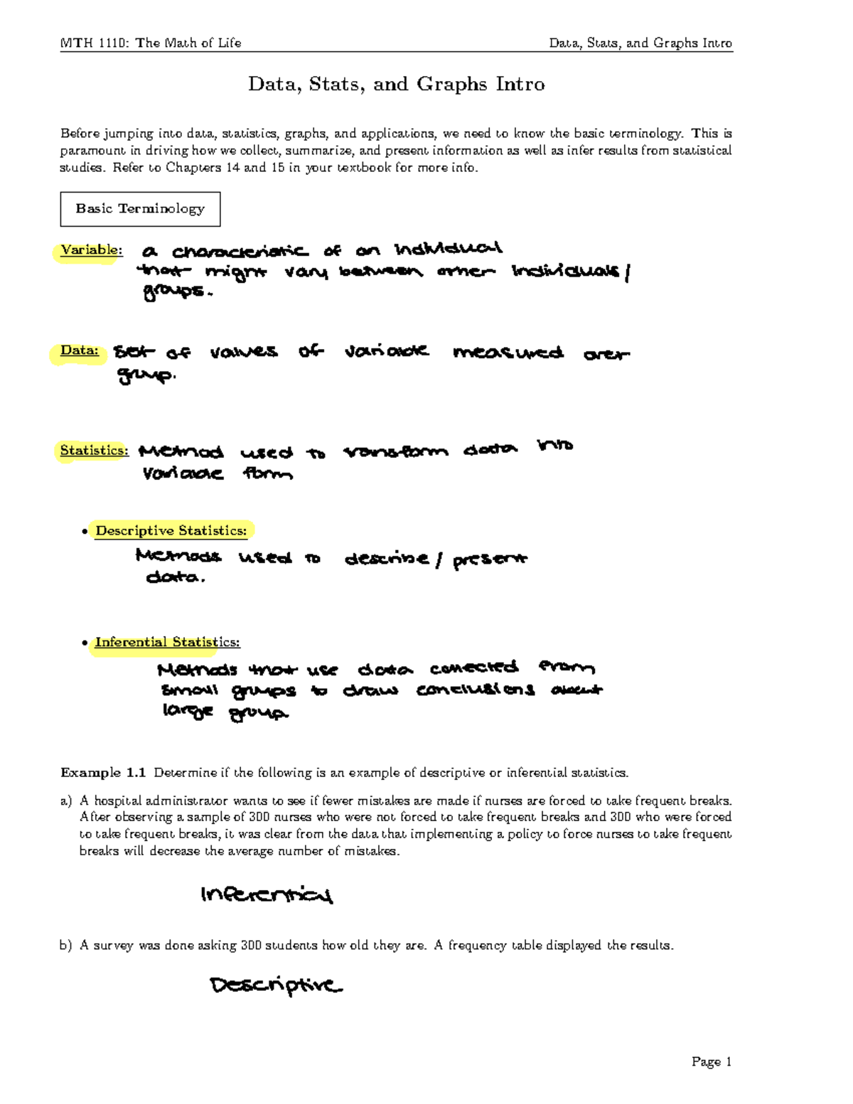 Data Stats Graphs - MTH 1110: The Math of Life Data, Stats, and Graphs ...