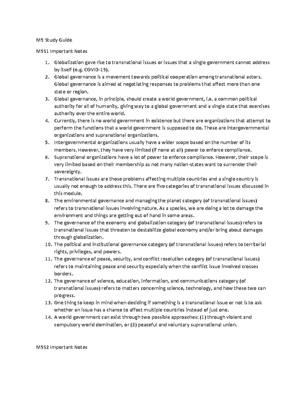 M9 Study Guide - M9 Study Guide M9S1 Important Notes Globalization gave ...