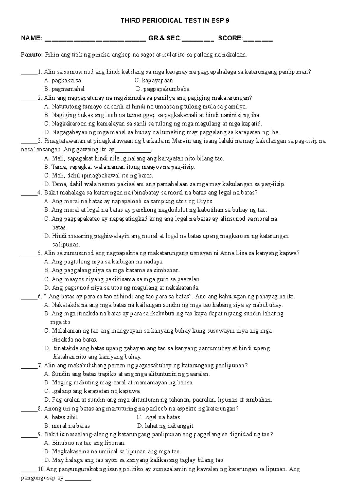PT G9 ESP - EXAMINATION - THIRD PERIODICAL TEST IN ESP 9 NAME