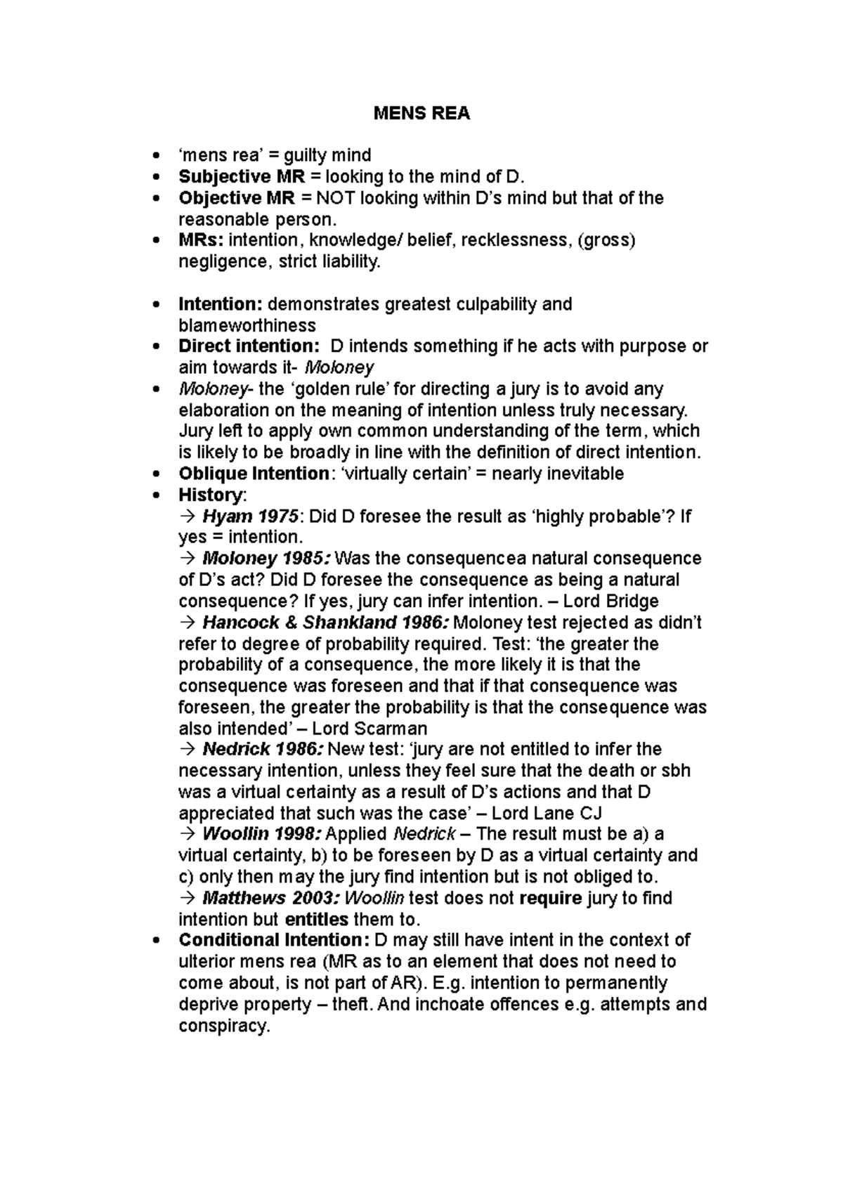 MENS REA notes - MR Summary - MENS REA ‘mens rea’ = guilty mind ...