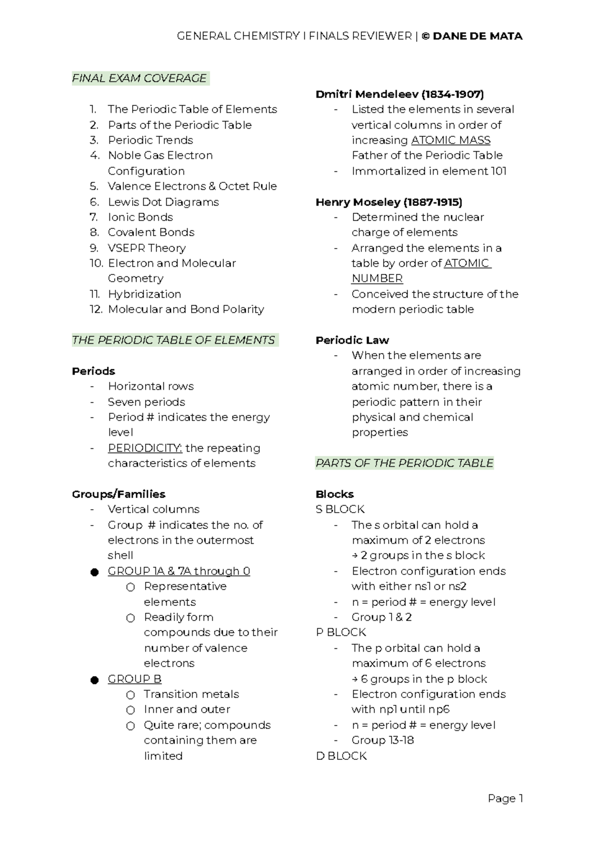 CHEM 1 Finals Reviewer (DE MATA) - FINAL EXAM COVERAGE The Periodic ...