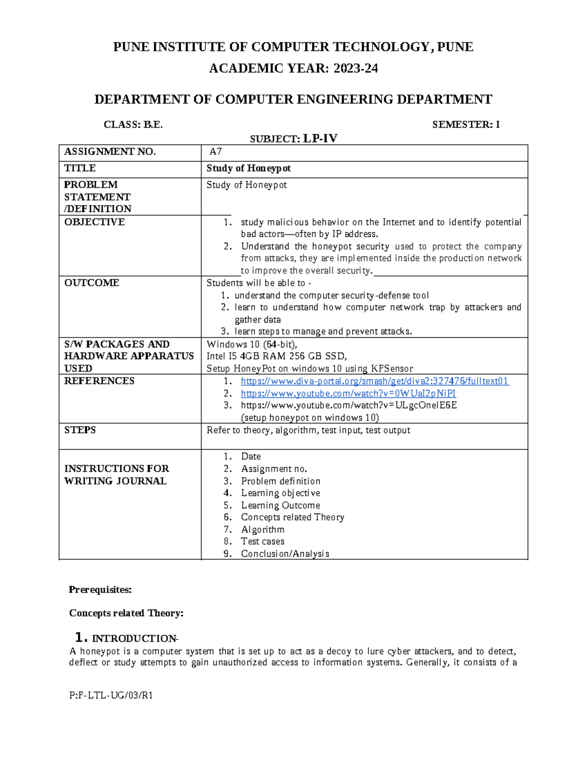 Lab manual IV CSDF A7 - PUNE INSTITUTE OF COMPUTER TECHNOLOGY, PUNE ACADEMIC YEAR: 2023 ...