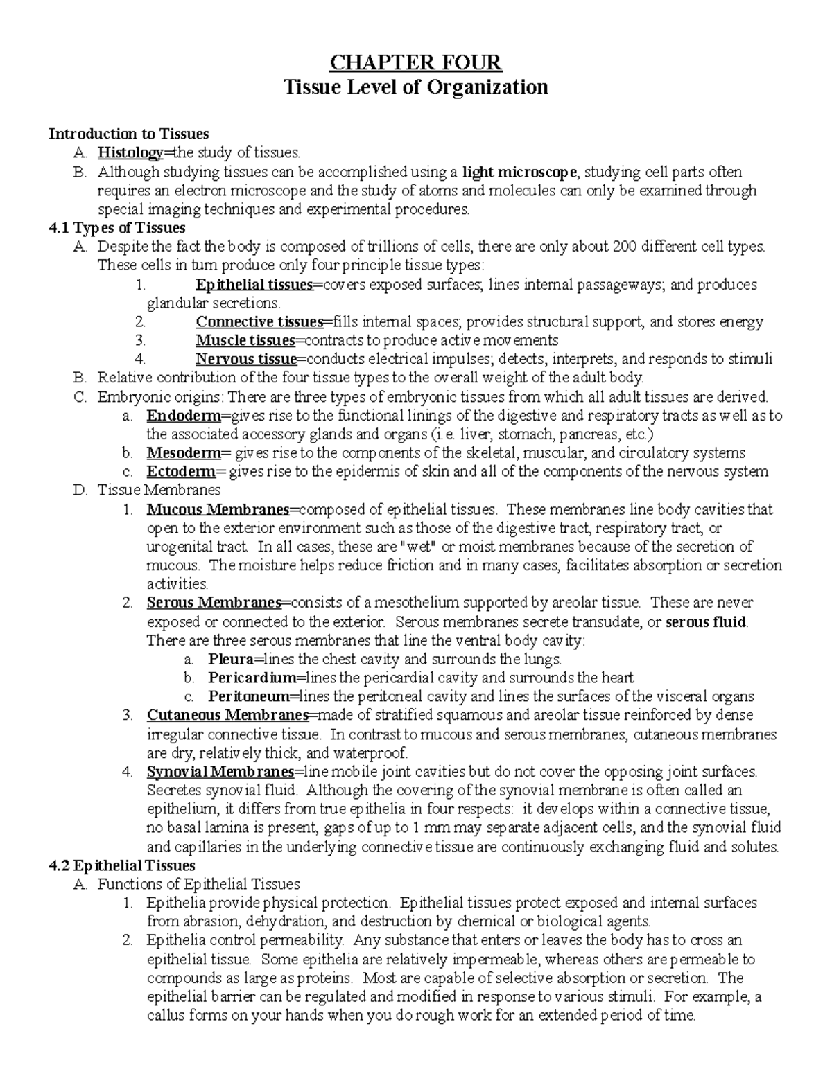 OS Outline Chapter 4 1 - Tissues - CHAPTER FOUR Tissue Level of ...