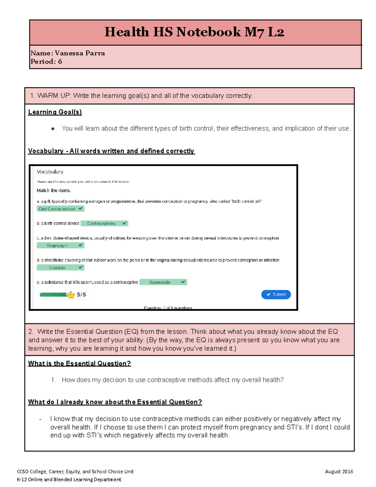 M7 L2 Nwcta Original Health HS Notebook - Health HS Notebook M7 L Name ...