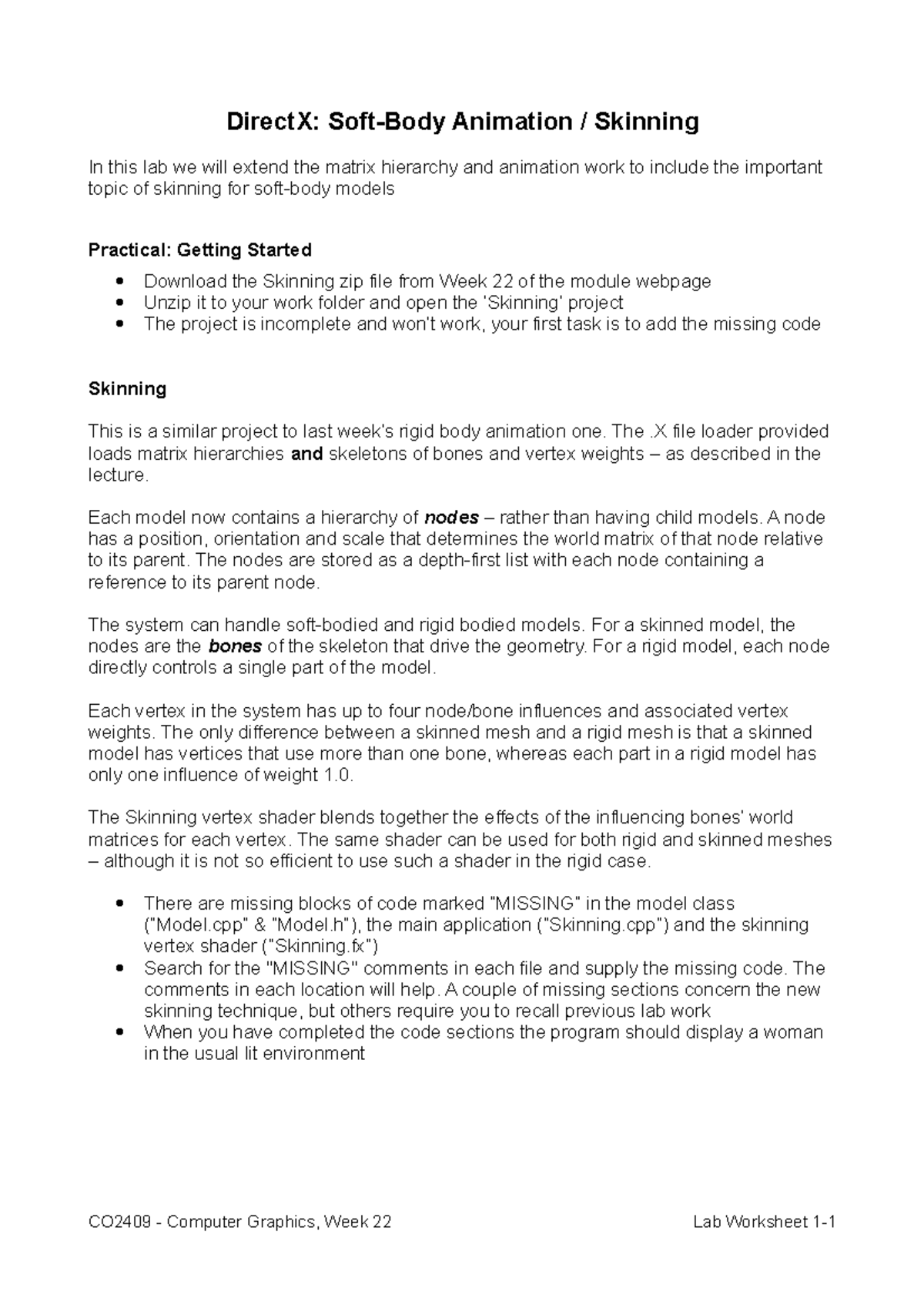 CO2409-21 Lab Worksheet - DirectX: Soft-Body Animation / Skinning In ...