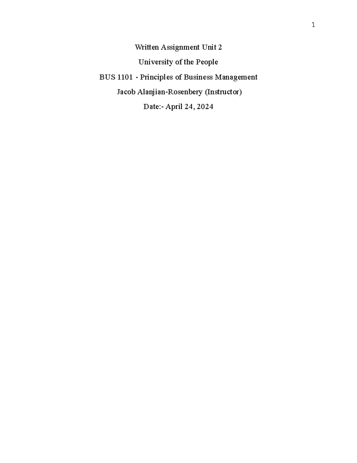 Written Assignment Unit 2 BUS1101 - Written Assignment Unit 2 University of the People BUS 1101 ...