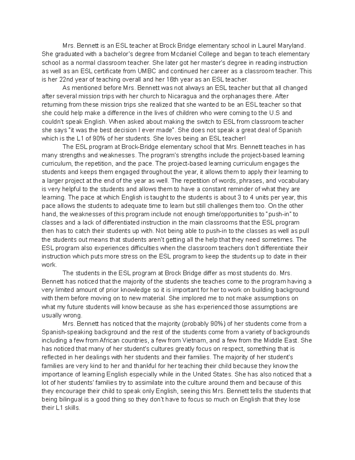 Tesol teacher interview write up - Mrs. Bennett is an ESL teacher at ...