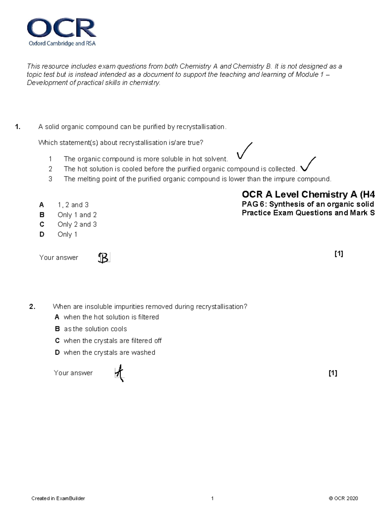 Pag 6 - PAG 6 - OCR A Level Chemistry A (H PAG 6: Synthesis of an ...