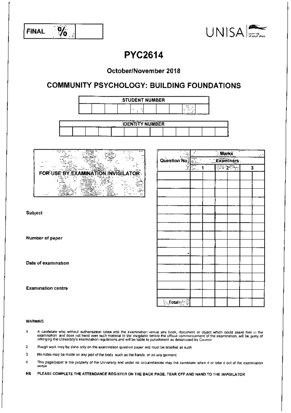 EXAM Paper PYC2614 2018 10 E 1 - PLC3701 - Unisa - Studocu
