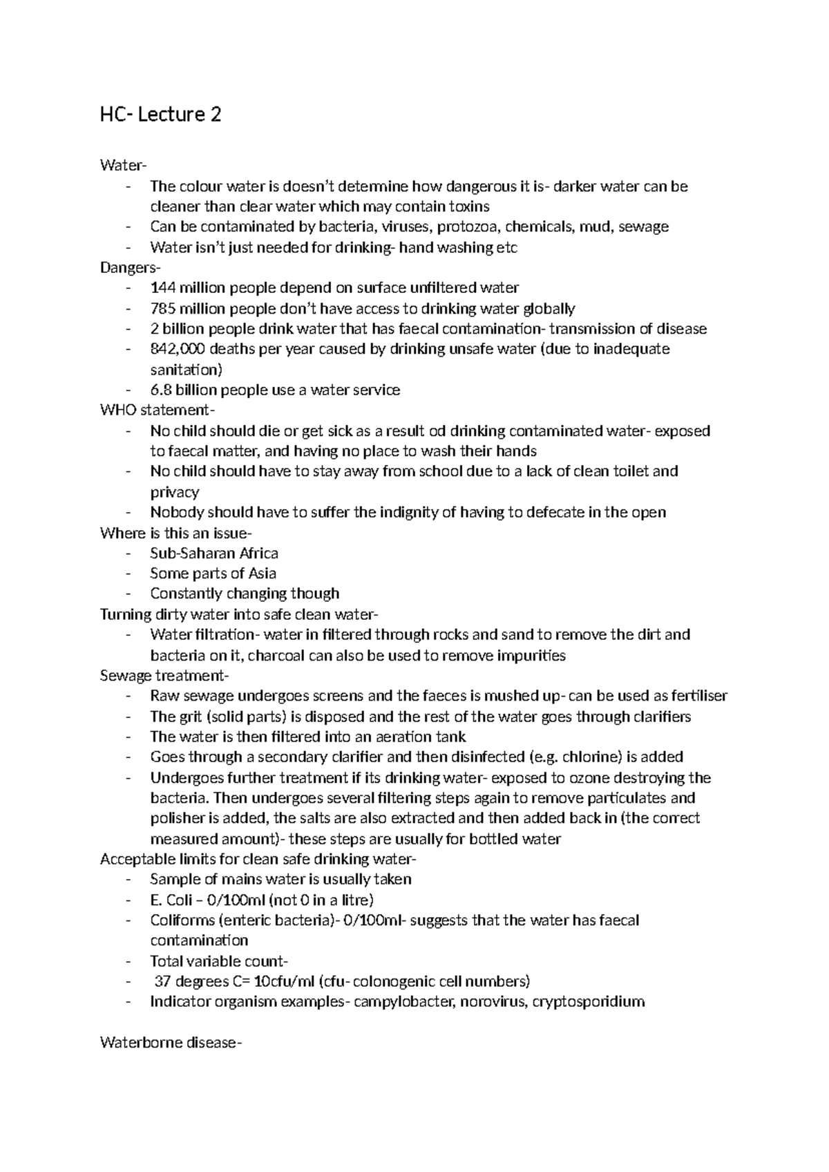 HC lecture 2 - HC- Lecture 2 Water- The colour water is doesn’t determine how dangerous it is ...